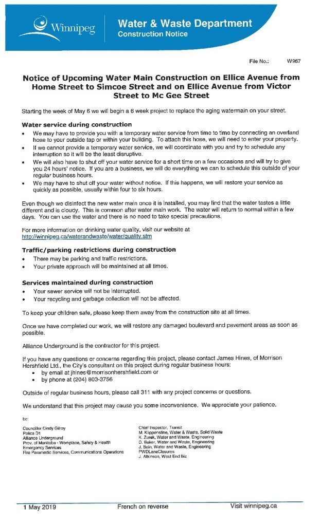 Construction Notice - Winnipeg West End BIZ